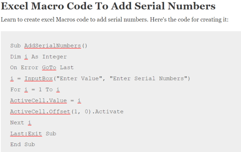 Excel Macro To Add Serial Number In Excel Sheet Excel Templates