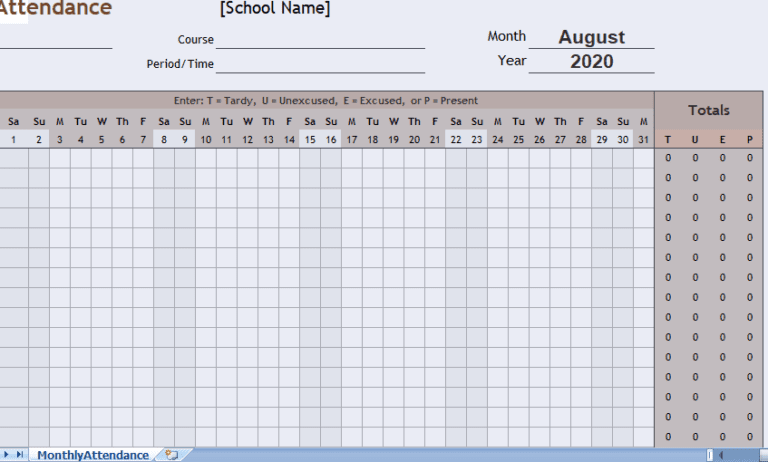 Monthly Class Attendance Sheet excel template for free