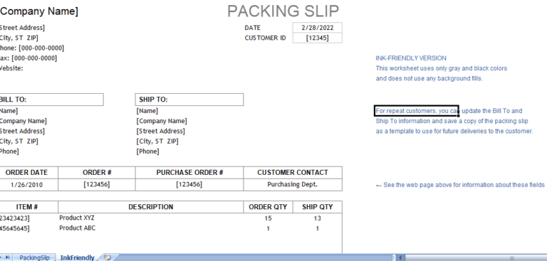 Packing Slip Template in excel format for free