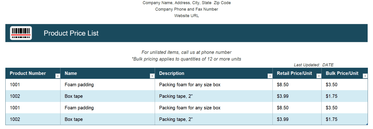Excel Template for Product Price Monitoring