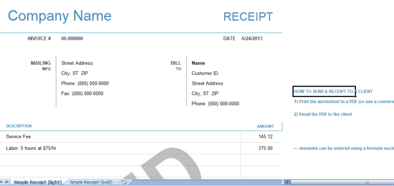 Simple Receipt excel template for free