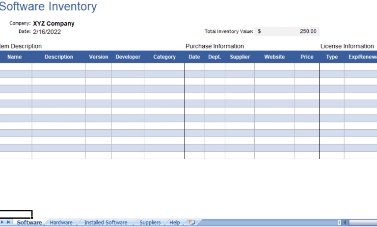 Software Inventory Tracking excel template for free