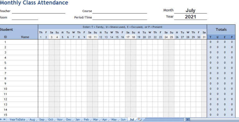 Yearly class attendance excel template free download