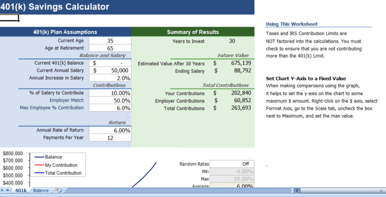 401k Calculator excel template for free