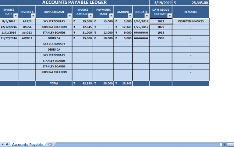 Creditor Ageing Report excel template for free