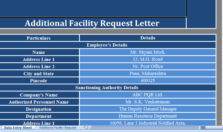 Additional Facility Request Letter excel template for free.