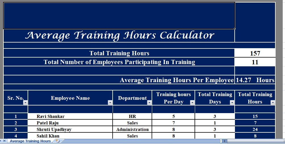 Average Training Hours Calculator Excel Template For Free