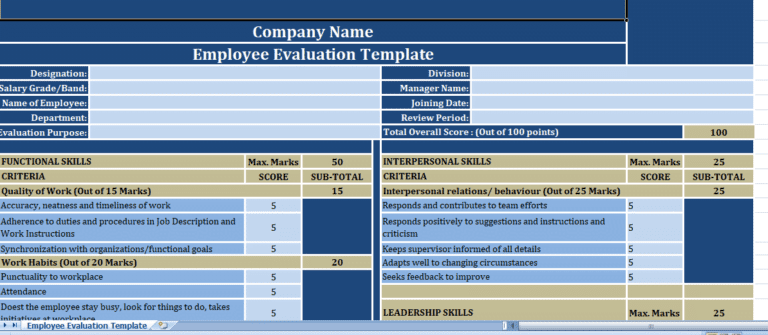 Employee Performance Evaluation Template in Excel Sheet [Free]