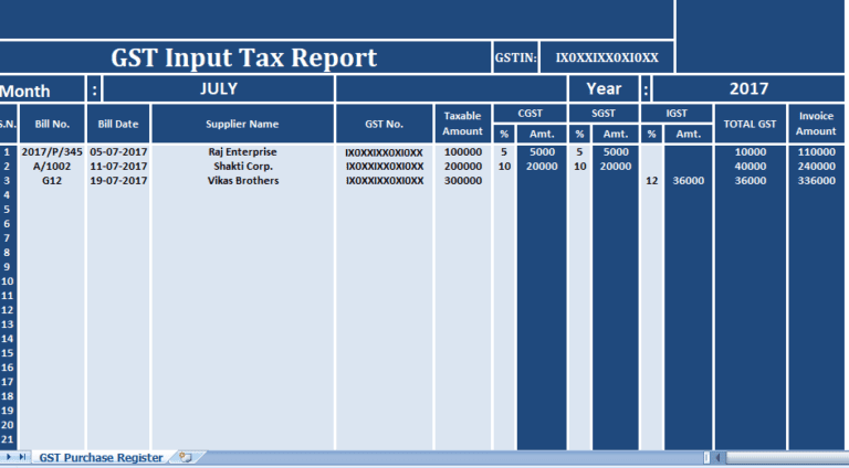 GST Purchase Register excel template for free