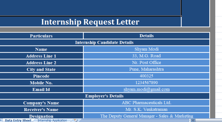 Internship Request Letter excel template for free