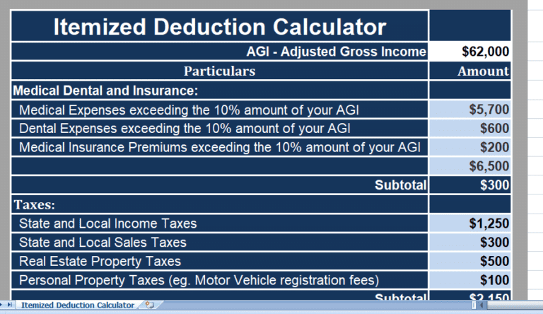Itemized Deduction Calculator excel template for free
