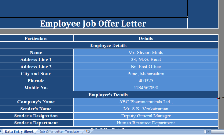 Job Offer Letter excel template for free