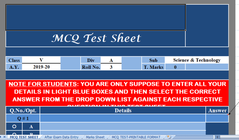 MCQ Test Sheet excel template for free