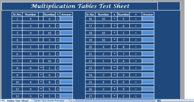 Multiplication Table Test Sheet excel template free