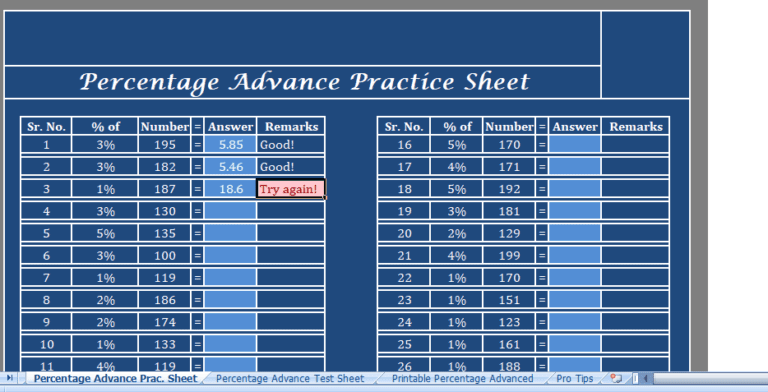 Percentage Practice Sheet excel template for free