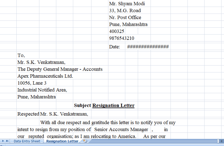 Professional Resignation Letter excel template for free.