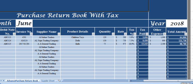 Purchase Return Book With Tax excel template for free