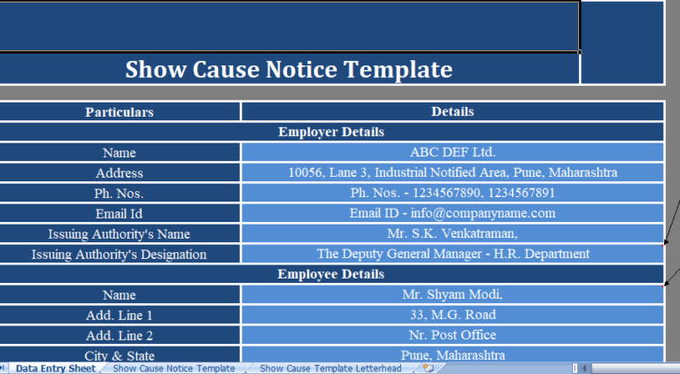 Show Cause Notice excel template for free