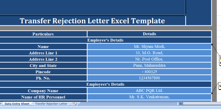 Transfer Rejection Letter excel template for free