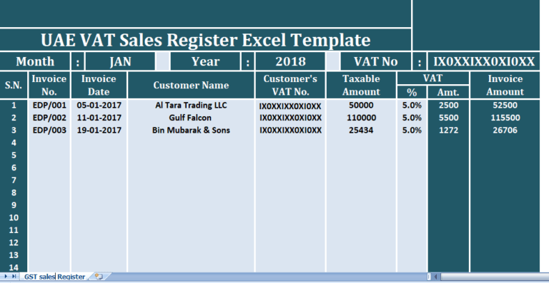 UAE VAT Sales Register excel template for free.