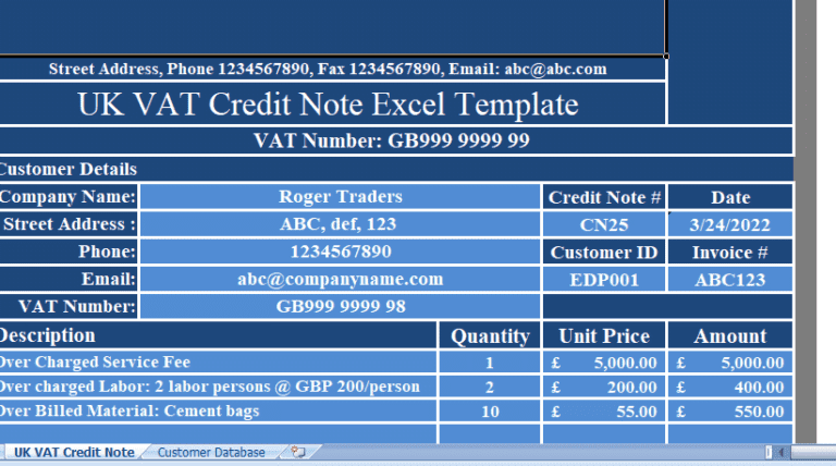 UK VAT Credit Note excel template for free