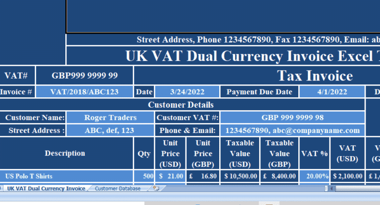 UK VAT Dual Currency Invoice Excel Template - Excel templates