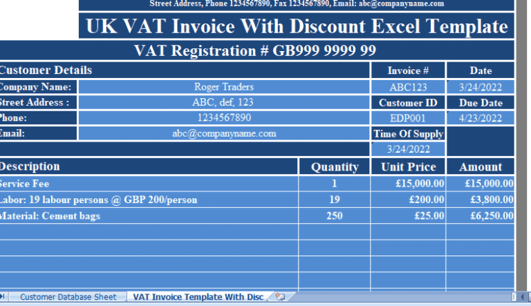 UK VAT Invoice With Discount excel template for free