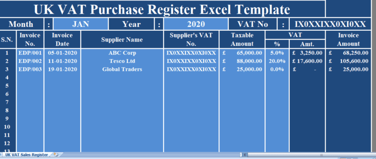 UK VAT Purchase Register excel template for free