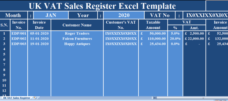 UK VAT Sales Register excel template for free