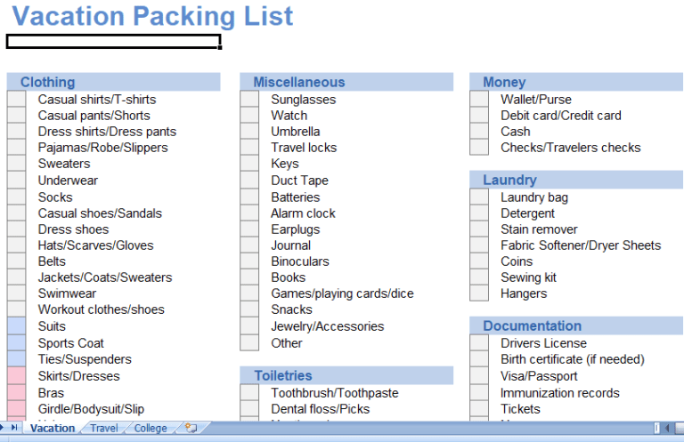 Vacation Packing List excel template for free