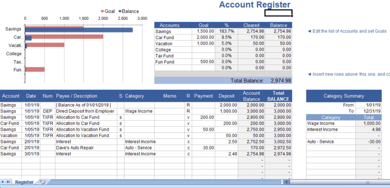 Savings Account Register excel template for free