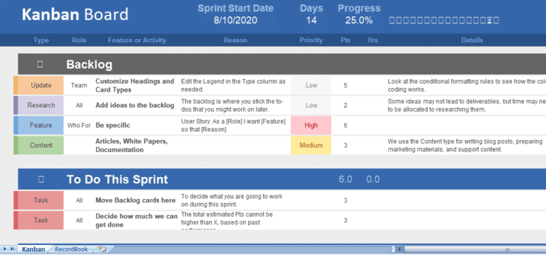 Agile Kanban Board excel template for free