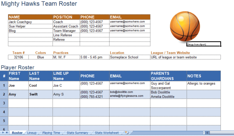 Basketball Roster Excel Template For Free