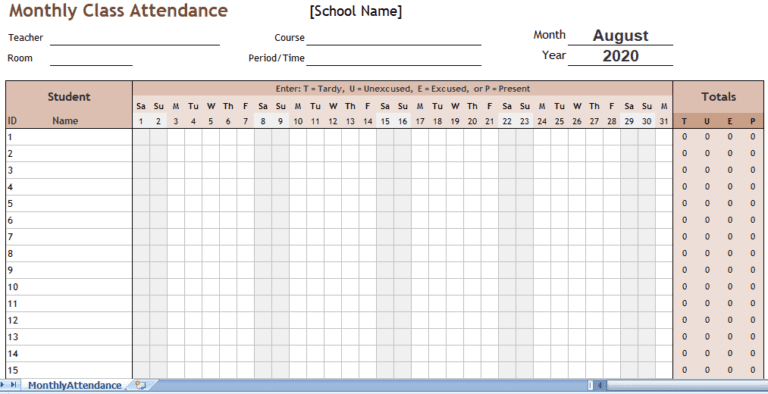 Class Attendance Monthly excel template for free