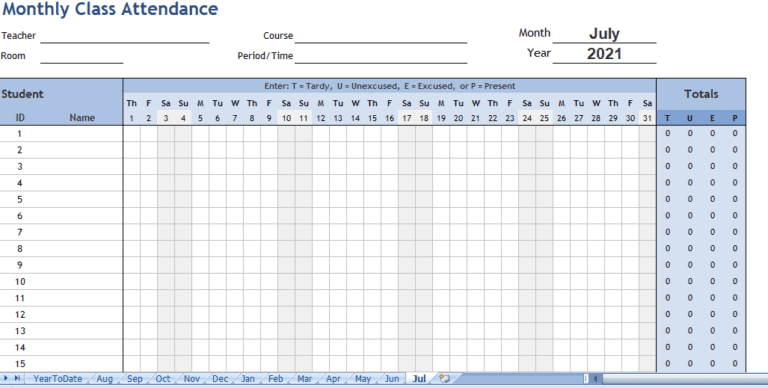 Download Monthly Class Attendance Sheet Format in Excel Sheet