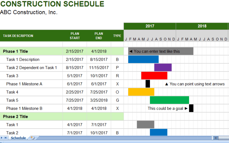 Construction Schedule excel template for free