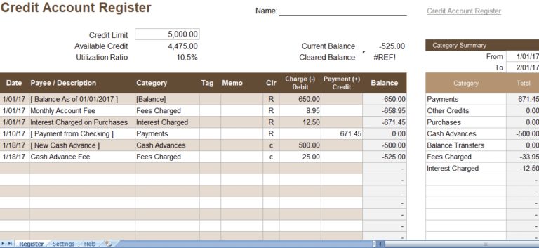 Credit Account Register excel template for free