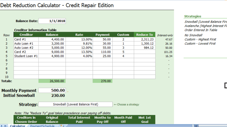 Credit Repair Calculator excel template for free