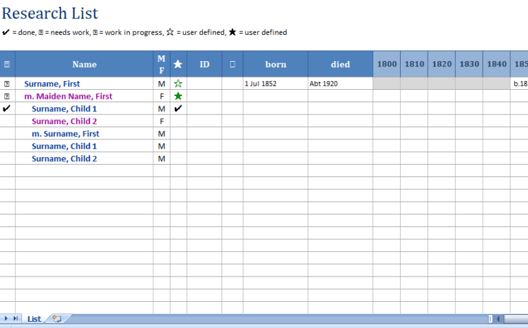 Genealogy Research List excel template for free