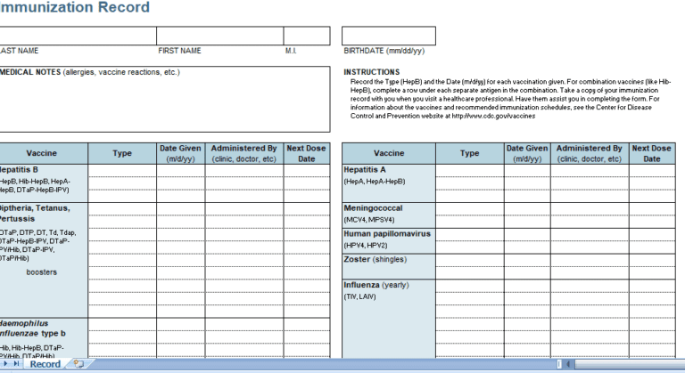 Immunization Record excel template for free