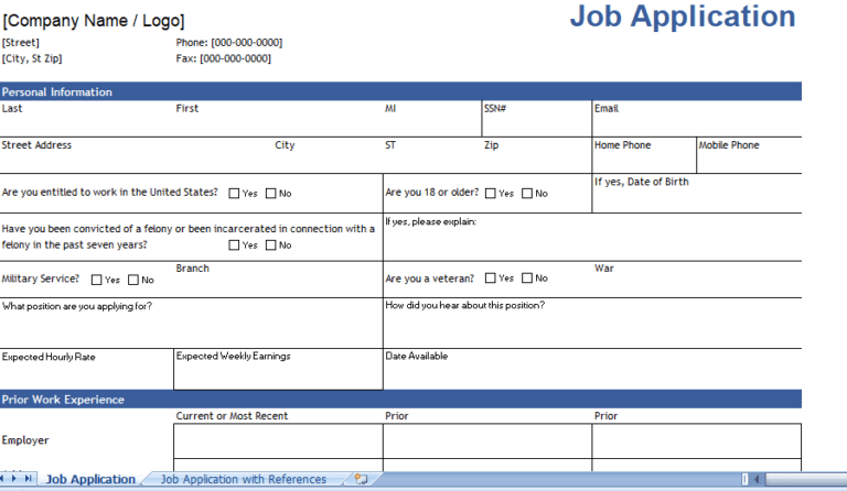 Job Application Form excel template for free