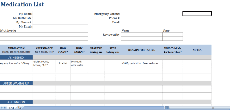 Medication List excel template for free