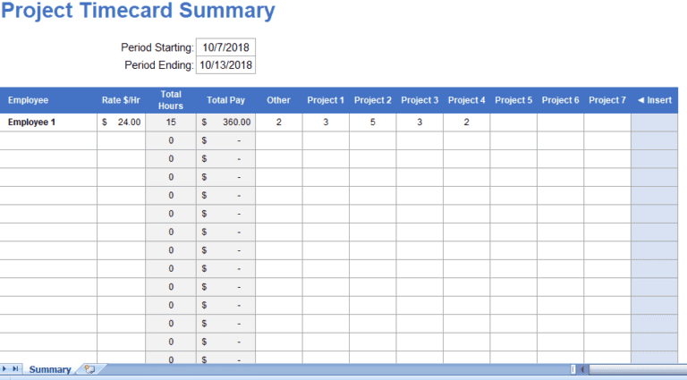 Project Timecard excel template for free