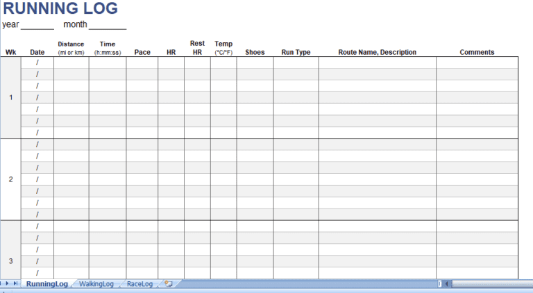 Running Log excel template for free