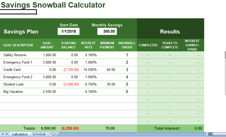 Snowball Calculator excel template free