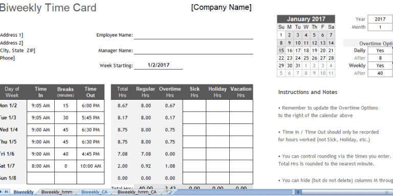 Biweekly Timecard Calculator excel template for free