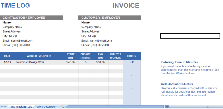 Time Log excel template for free