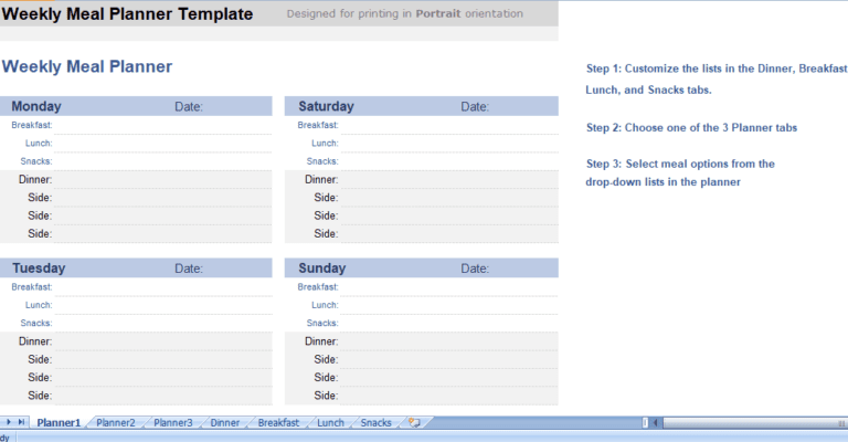 Weekly Meal Planner excel template for free