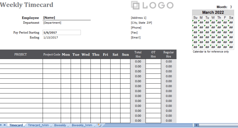 Weekly Timecard for Project excel template for free