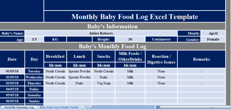 Baby Food Log excel template for free